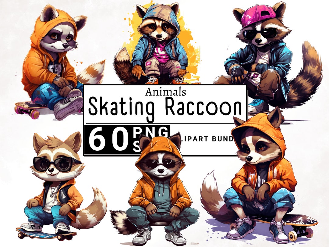 Skating Raccoon Portrait Watercolor, Animal Dressed Clip Art, Clipart ...