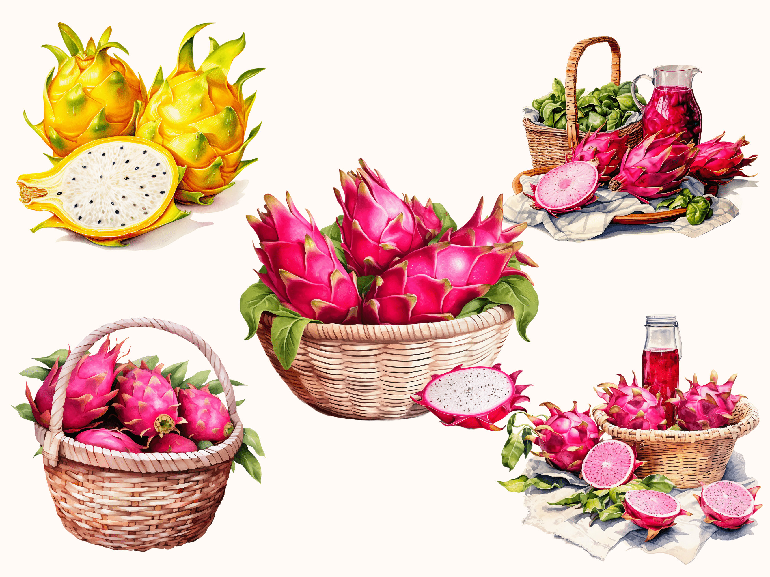 Dragon Fruit Clipart, Fruit Watercolor Yellow Pitaya Clip Art, Exotic ...