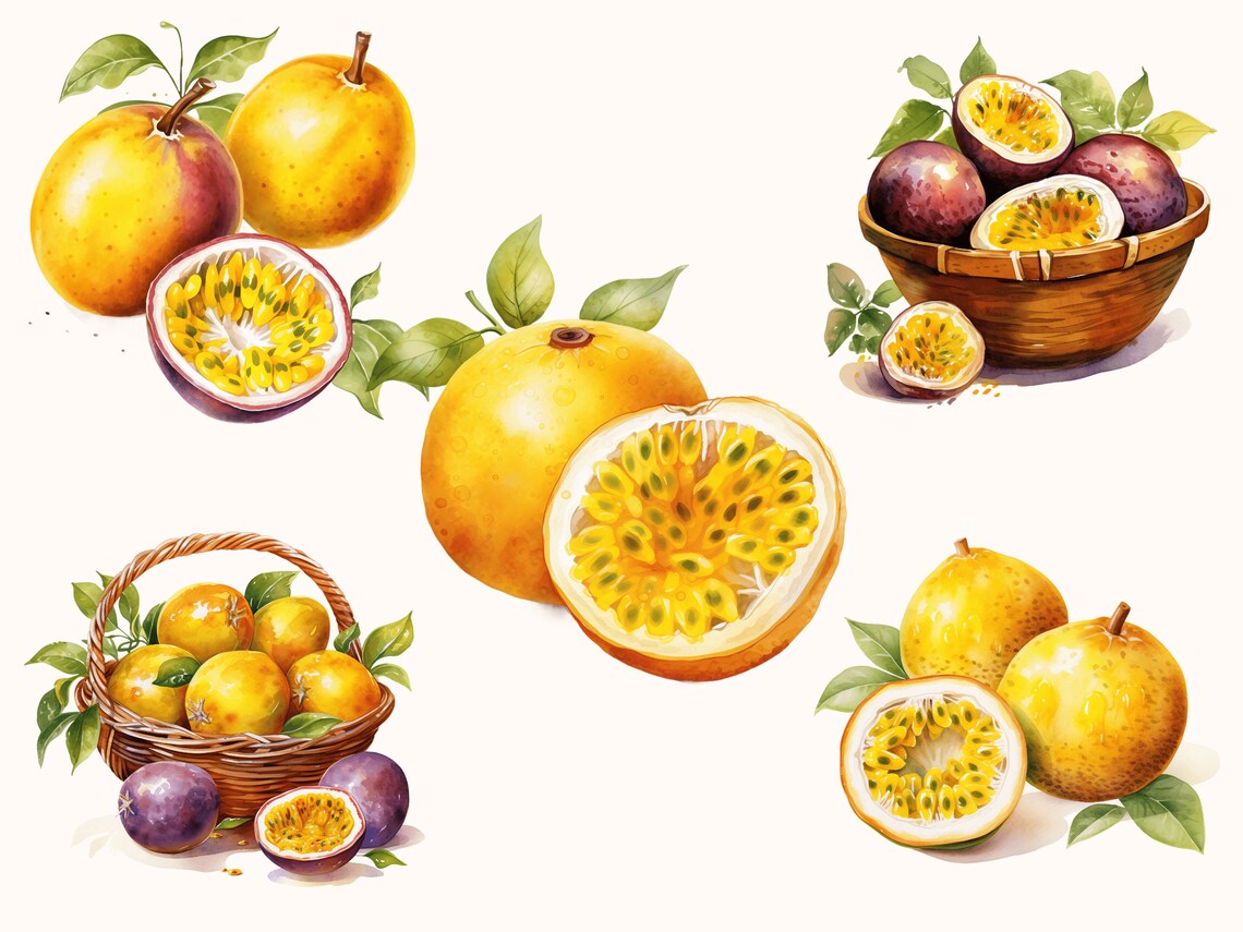 Passion Fruit Clipart, Fruit Watercolor Yellow Maracuja Clip Art, Food ...