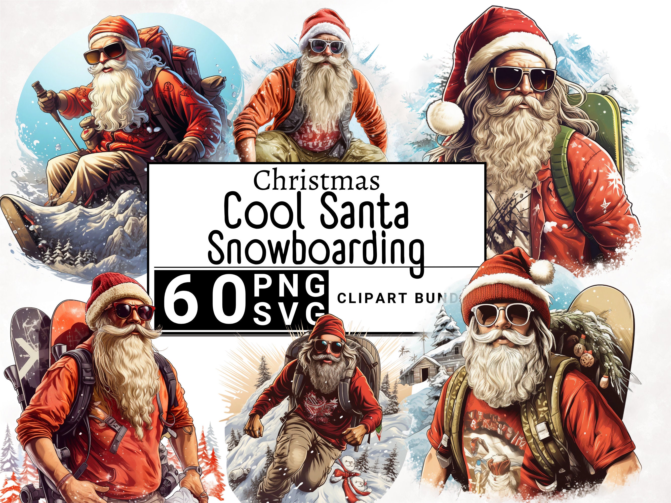 Cool Santa Snowboarding Clipart, Santa Claus Ski Watercolor Christmas ...