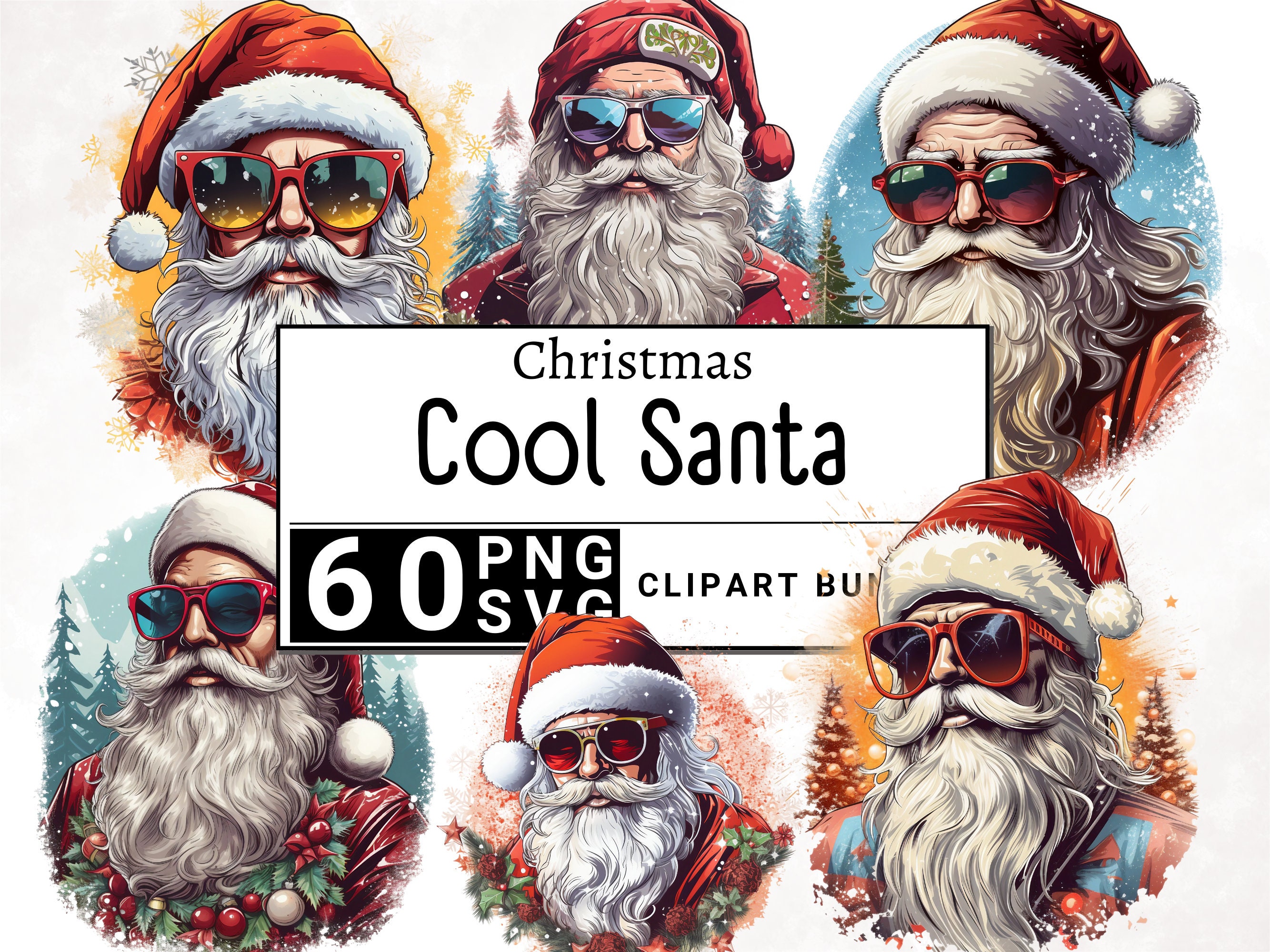 Cool Santa Sunglasses Clipart Bundle, Santa Claus Watercolor Christmas ...