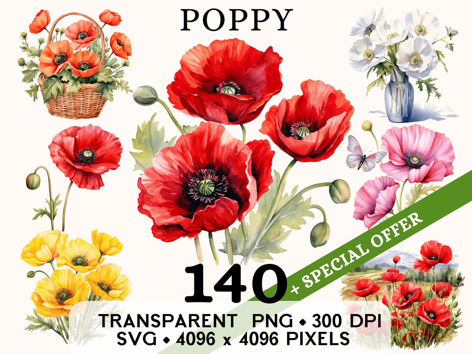 Poppy Clipart, Cute Spring Red Wild Flower Watercolor Clip Art, Floral ...