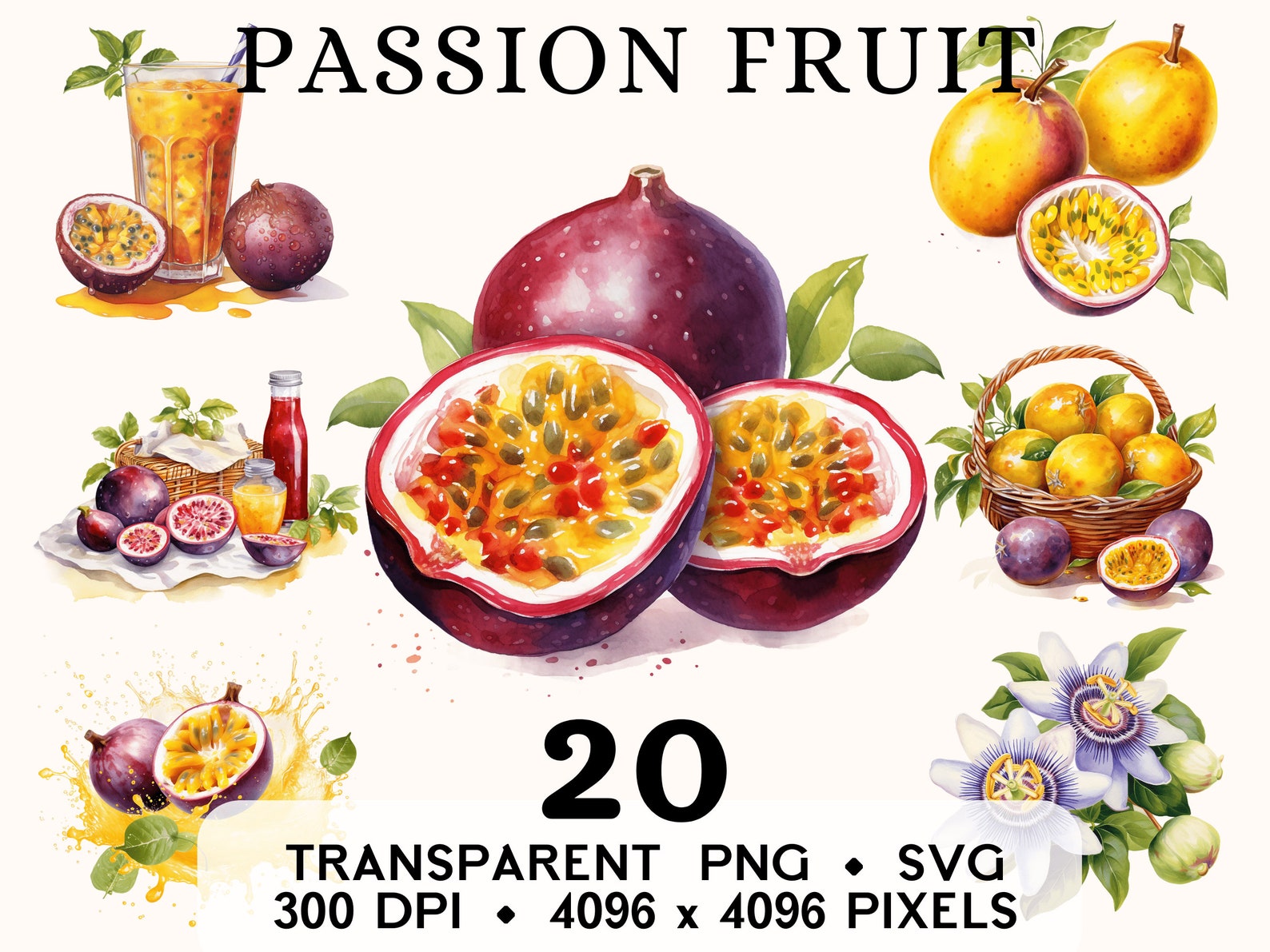 Passion Fruit Clipart, Fruit Watercolor Yellow Maracuja Clip Art, Food ...