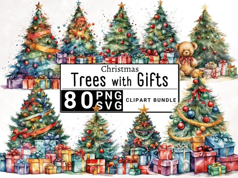 Christmas Tree With Gifts Clipart, Watercolor Xmas Clip Art Bundle ...