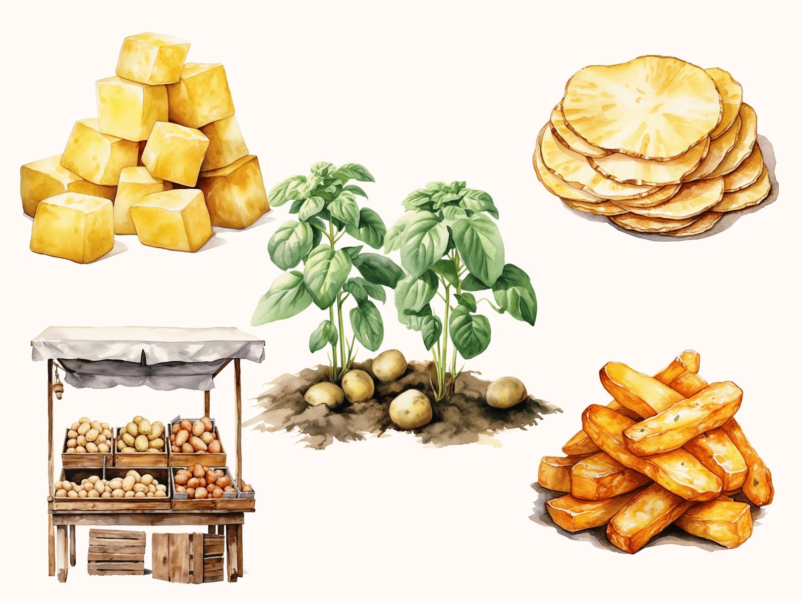 Potato Clipart, Farm Vegetable Watercolor French Fries Clip Art, Food ...