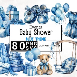Baby Shower Clipart Bundle, Boy and Girl Gift, Blue Watercolor Clip Art ...