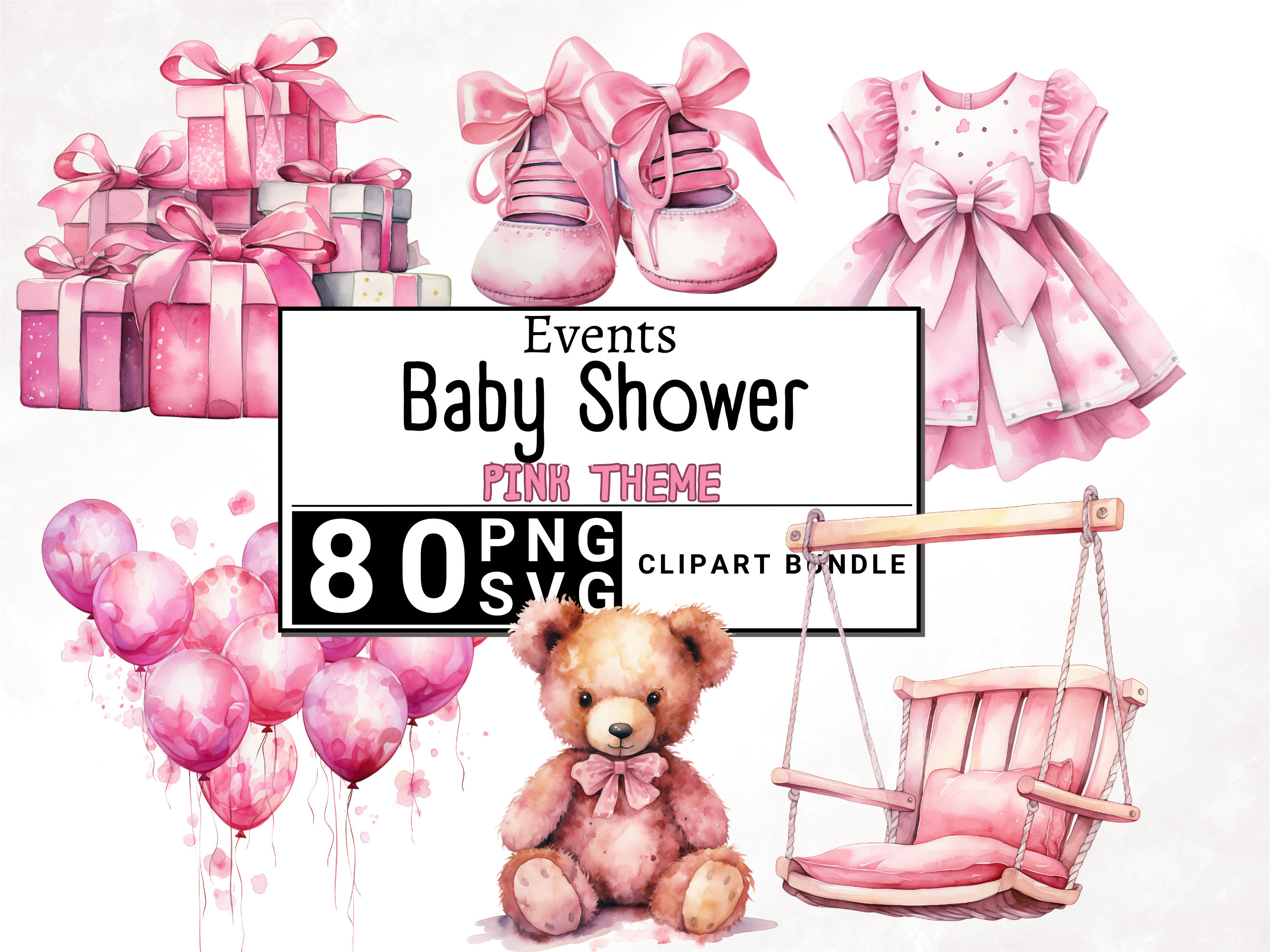 Baby Shower Clipart Bundle, Boy and Girl Gift, Pink Watercolor Clip Art ...
