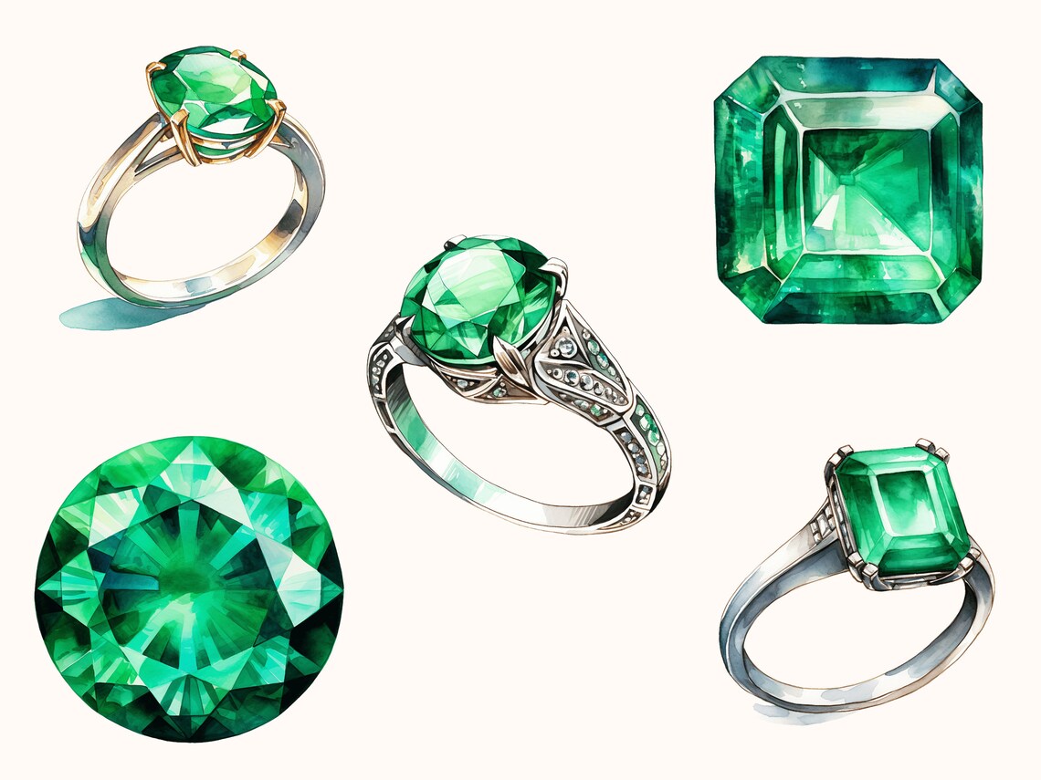 Emerald Clipart Watercolor May Birthstone, Wedding Ring Jewelry ...