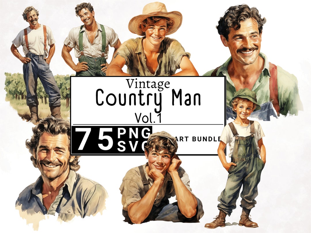 Retro Vintage Country Man Clipart Bundle, Classic Cowboy Farm ...