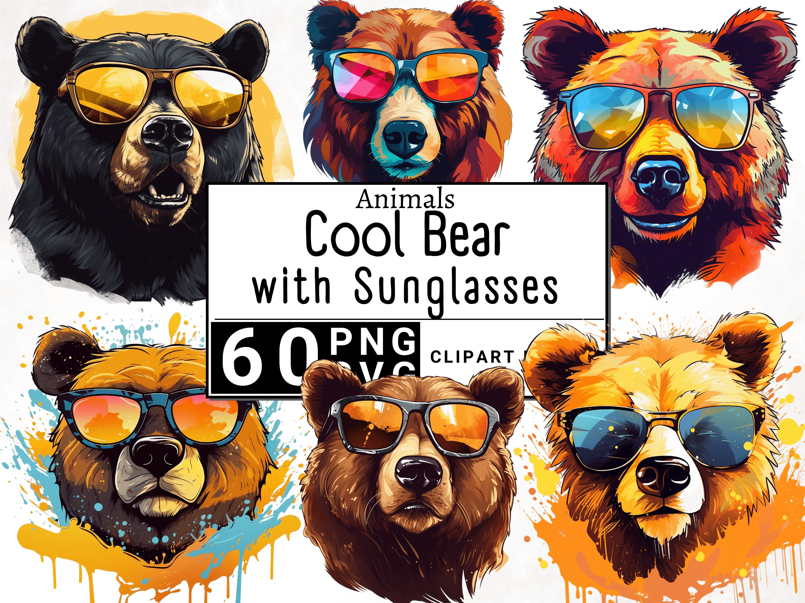Cool Bear With Sunglasses Clipart, Watercolor Forest Animal Clip Art ...