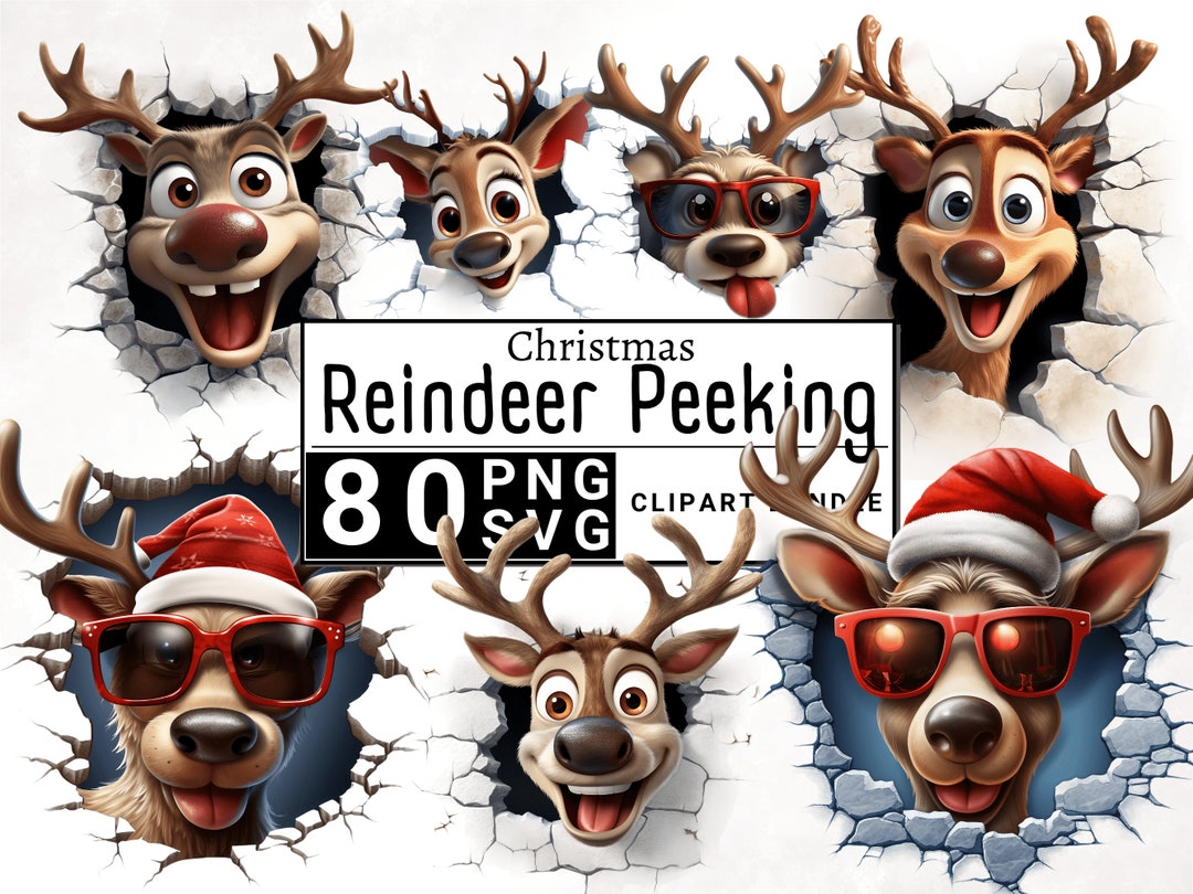 Funny 3D Reindeer Peeking Christmas Break Clipart, Watercolor Rudolph ...