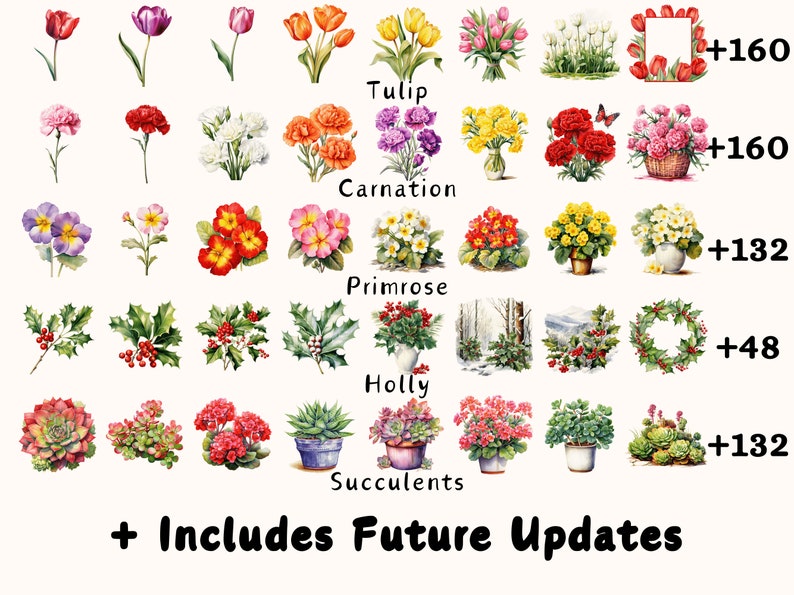 Flower Clipart Bundle, Cute Spring Flower Watercolor Clip Art, Floral ...