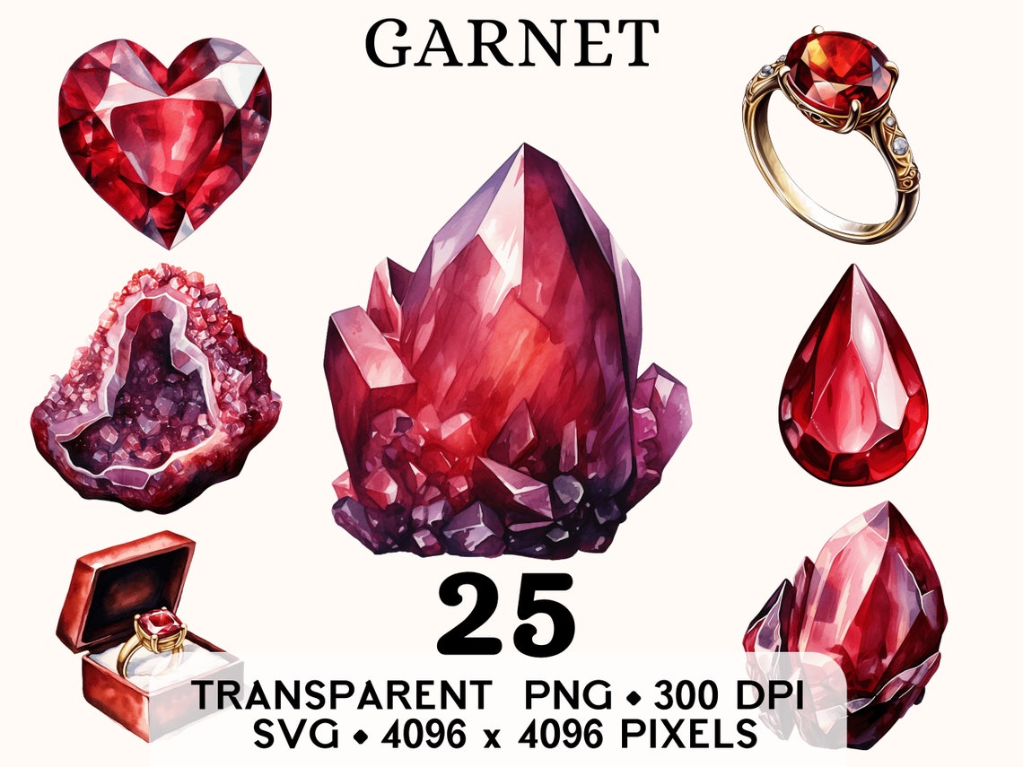 Garnet Clipart Watercolor Gemstone January Birthstone, Healing Geode ...