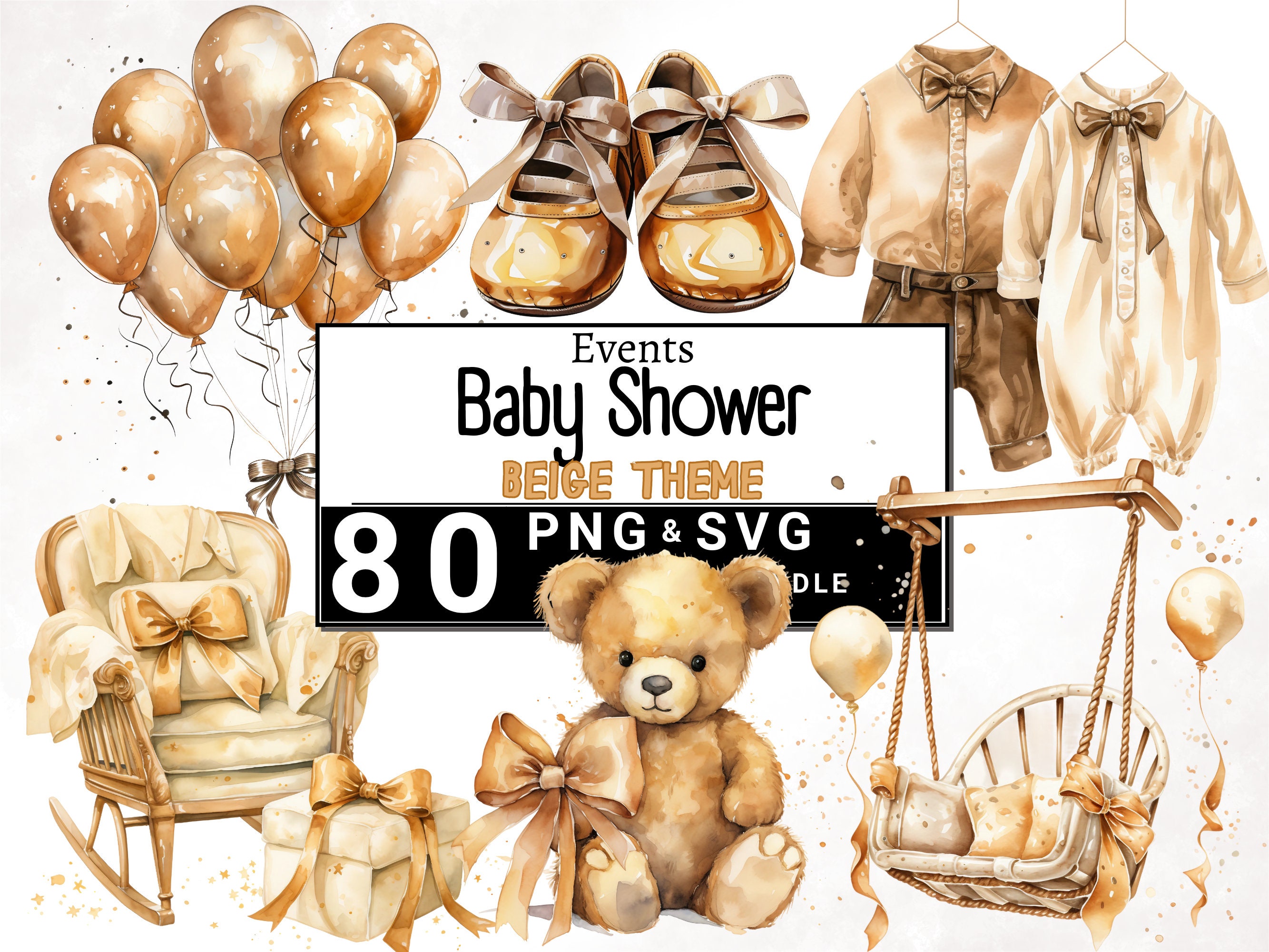 Baby Shower Clipart Bundle, Boy and Girl Gift, Beige Watercolor Clip ...