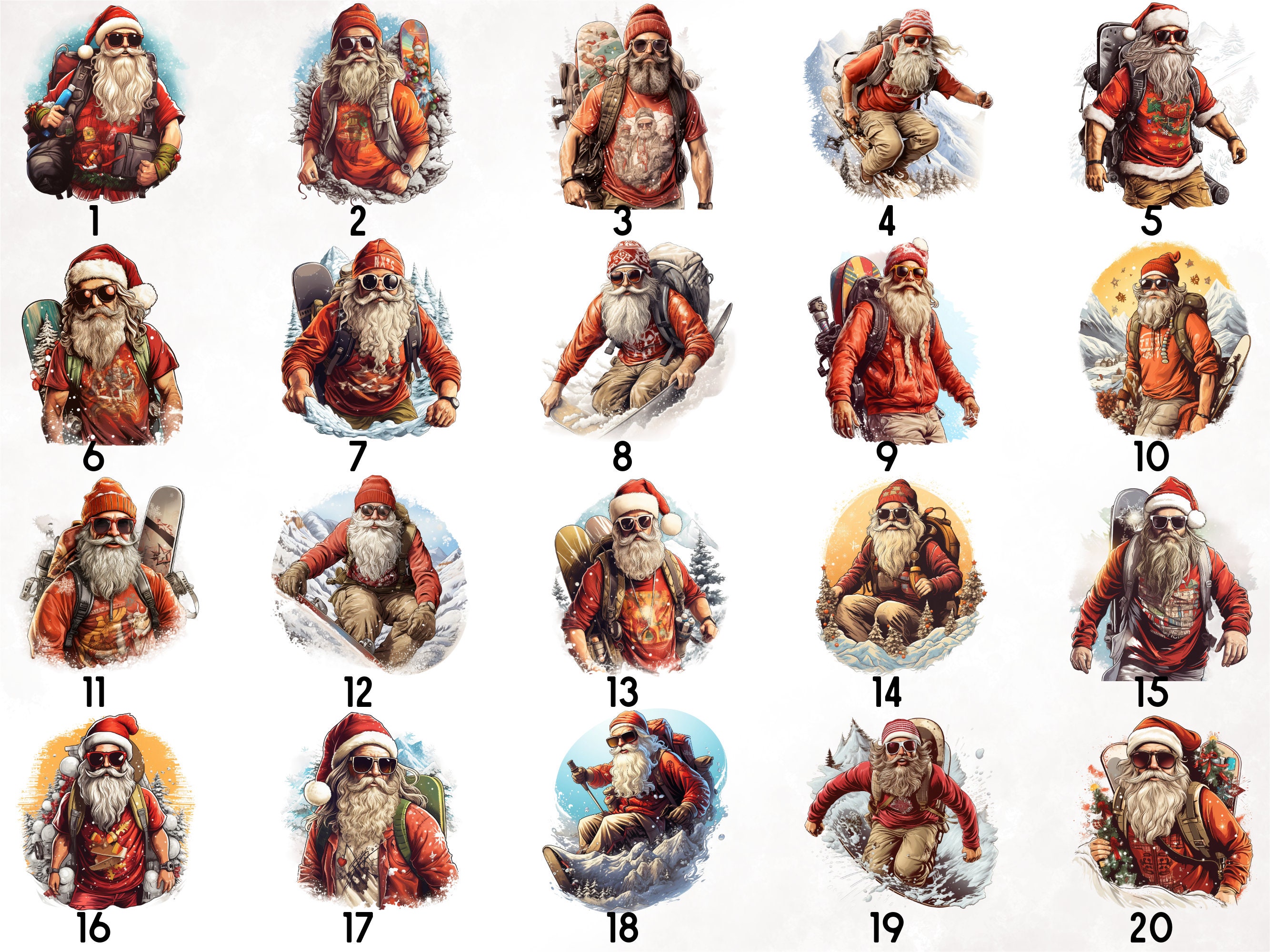 Cool Santa Snowboarding Clipart, Santa Claus Ski Watercolor Christmas ...