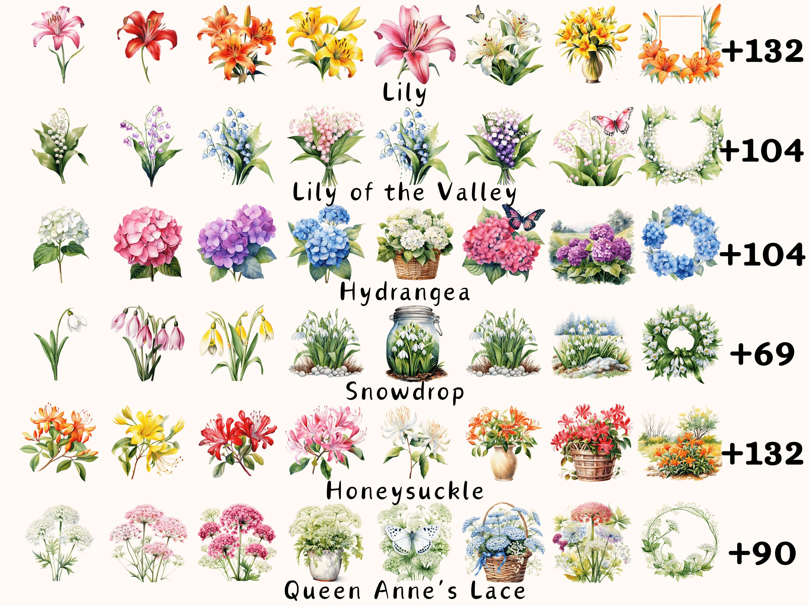 Flower Clipart Bundle, Cute Spring Flower Watercolor Clip Art, Floral ...