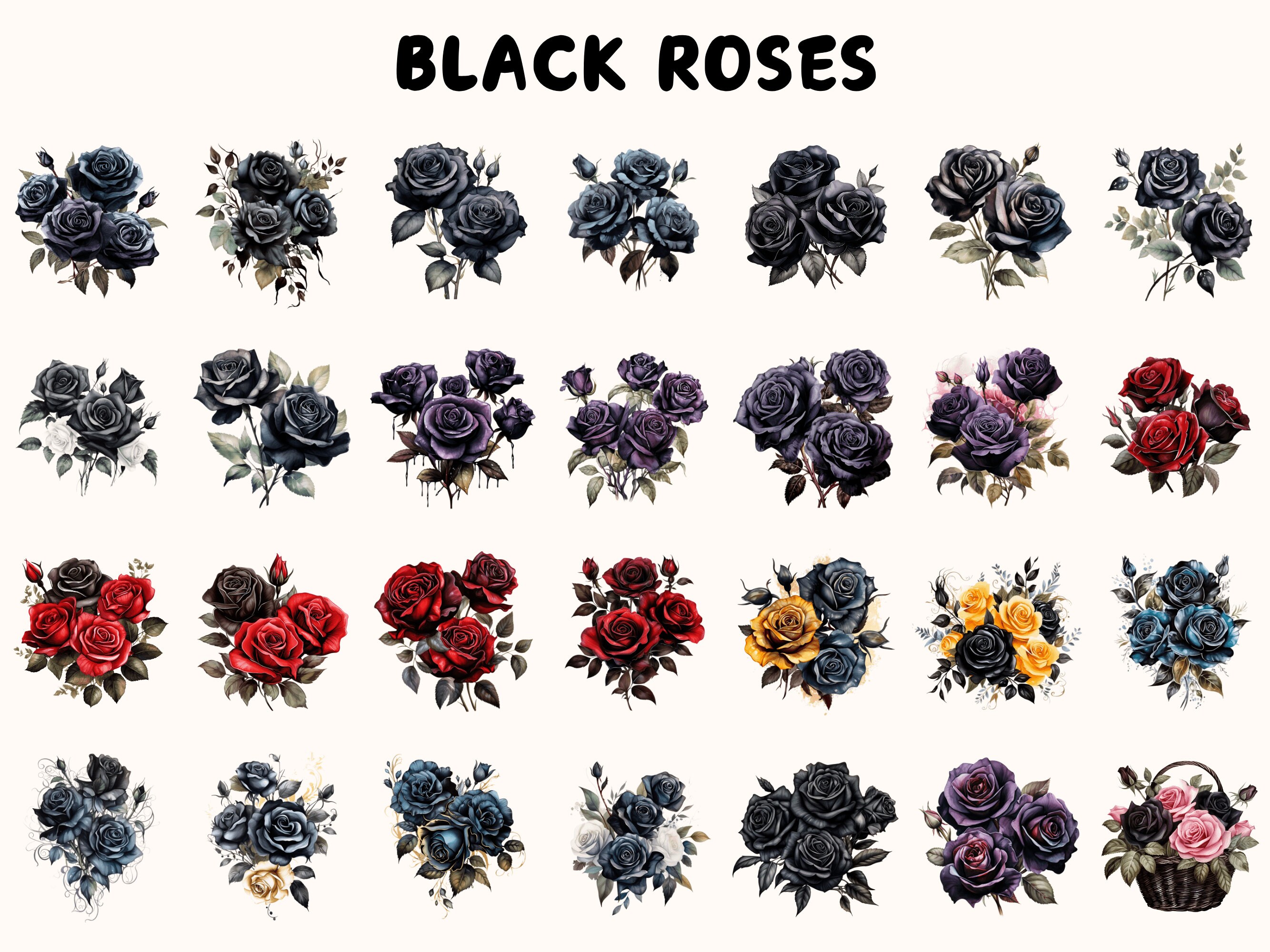 Black Rose Clipart, Cute Gothic Dark Flower Watercolor Clip Art, Floral ...
