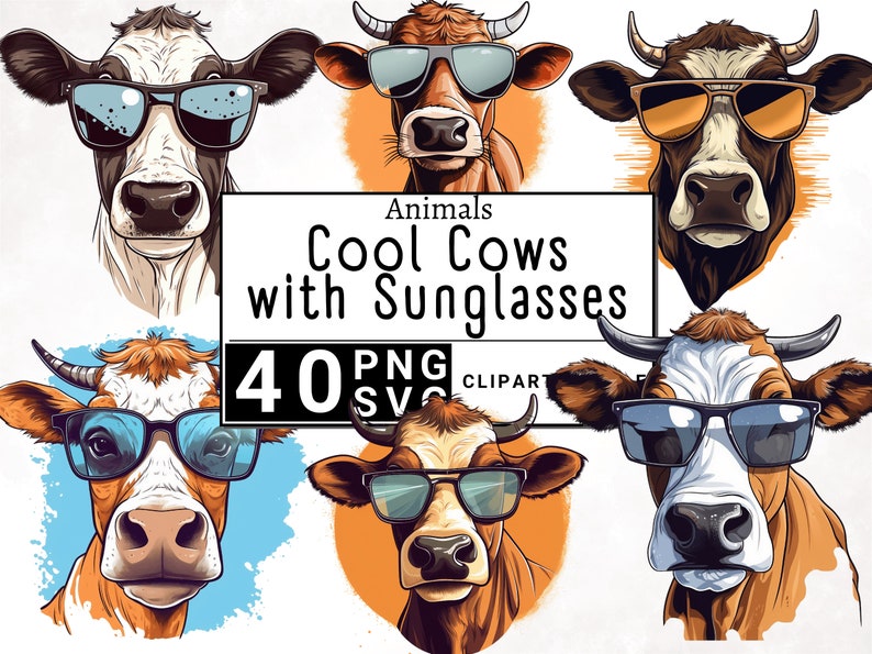 Cool Cow Wearing Sunglasses Clipart, Watercolor Animal Farm Clip Art ...