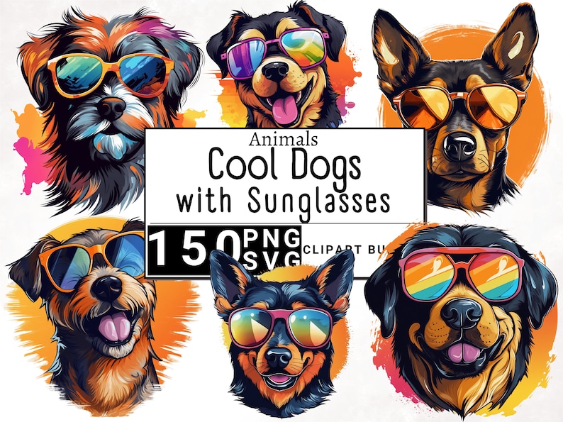 Cool Dog Breeds Wearing Sunglasses Clipart, Watercolor Doggy Clip Art ...