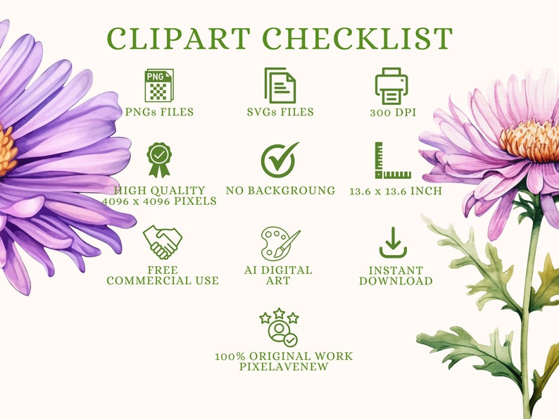 Aster Clipart, Cute Wedding Spring Daisy Flower Watercolor Clip Art ...