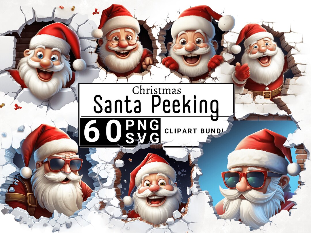 Funny 3D Santa Peeking Christmas Break Clipart, Watercolor Xmas Crack ...