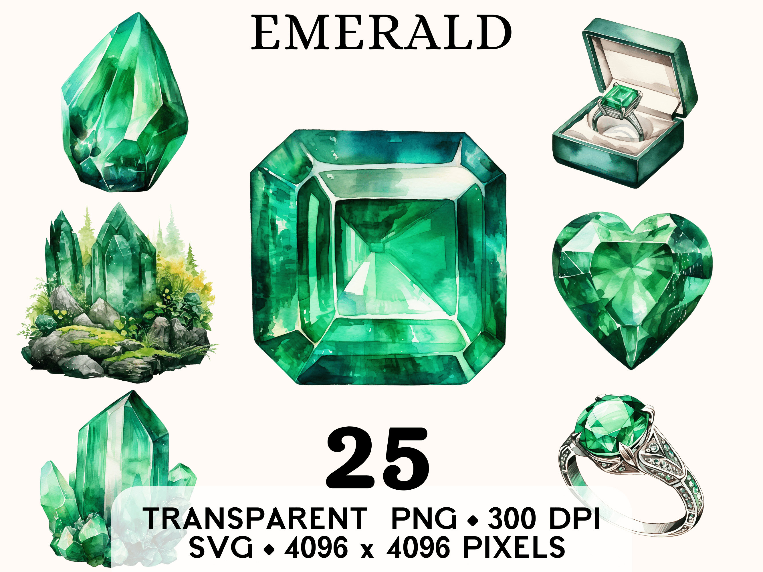 Emerald Clipart Watercolor May Birthstone, Wedding Ring Jewelry ...