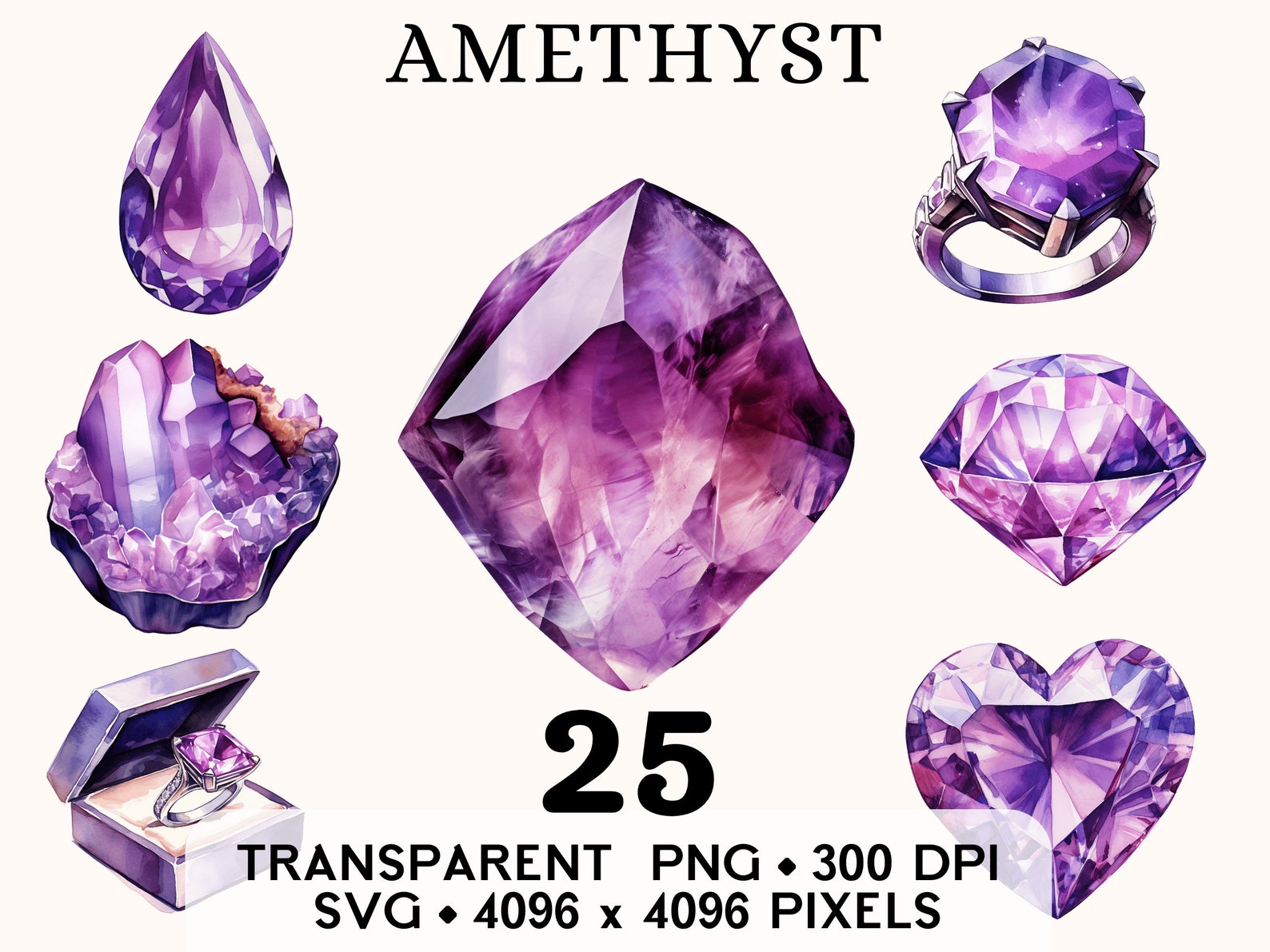Amethyst Clipart Watercolor Gemstone February Birthstone, Healing Gem ...