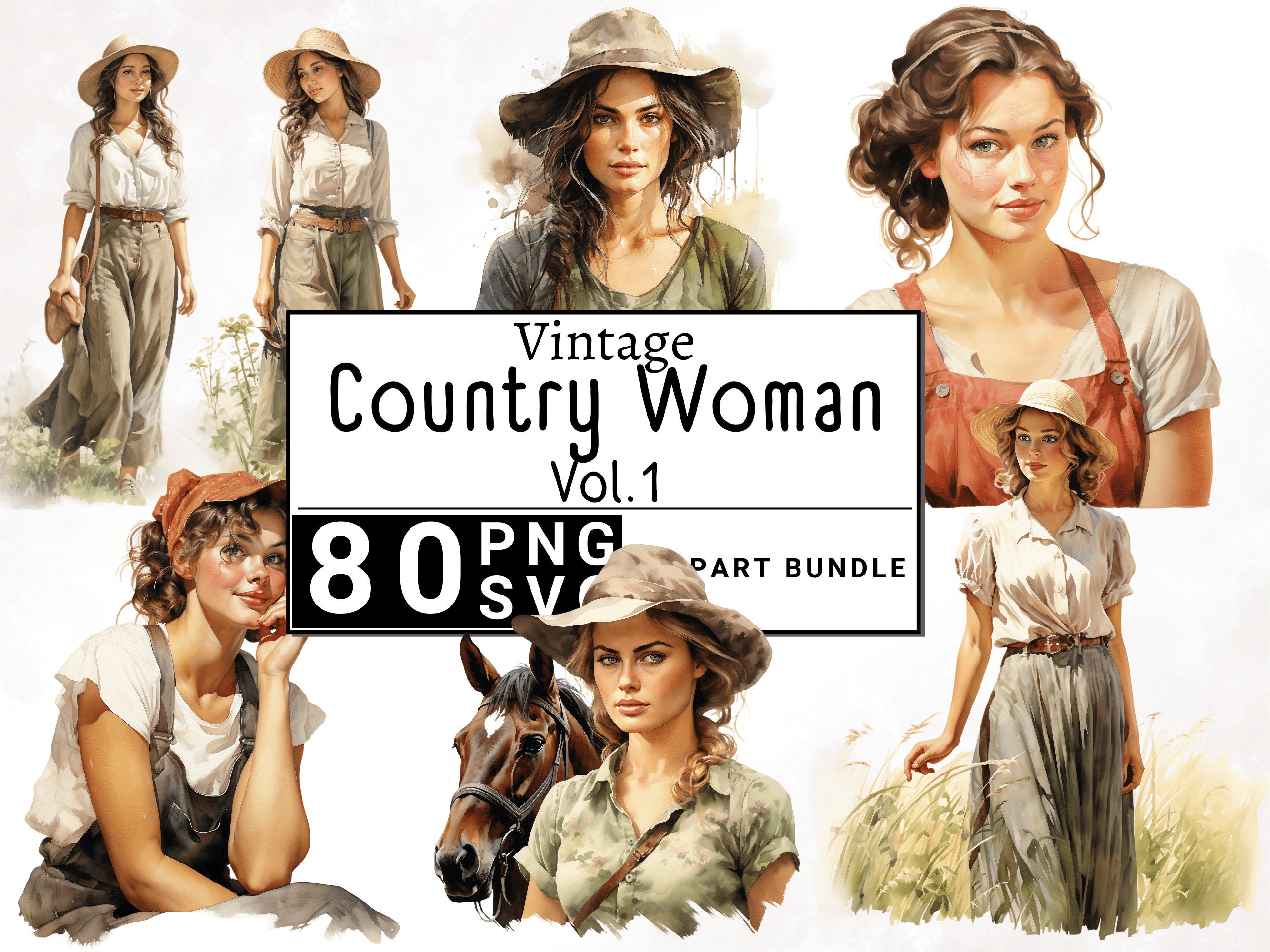 Retro Vintage Country Women Clipart Bundle, Classic Lady Farm ...