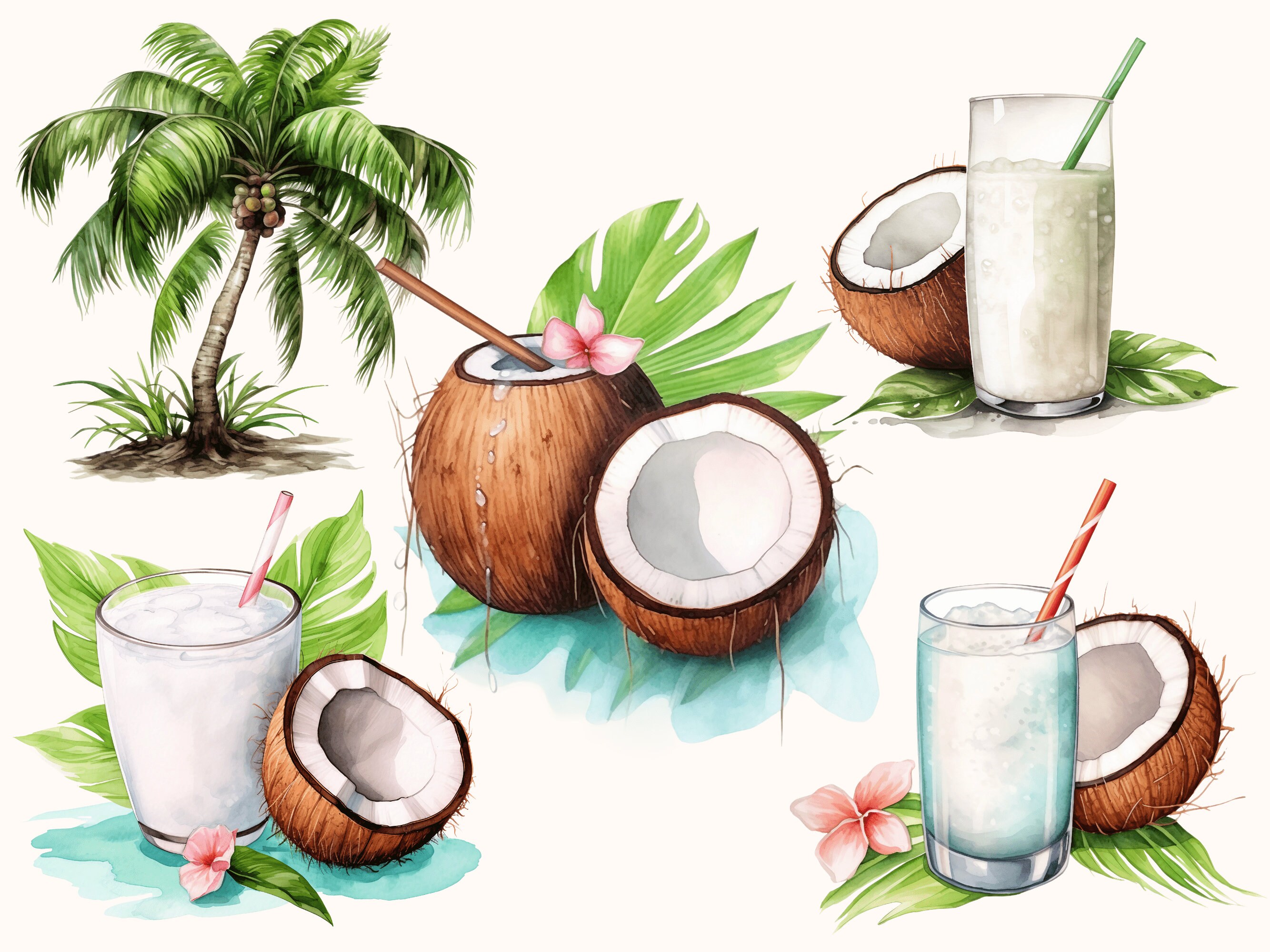Coconut Clipart, Fruit Watercolor Coconut Drink Clip Art, Food Sticker ...