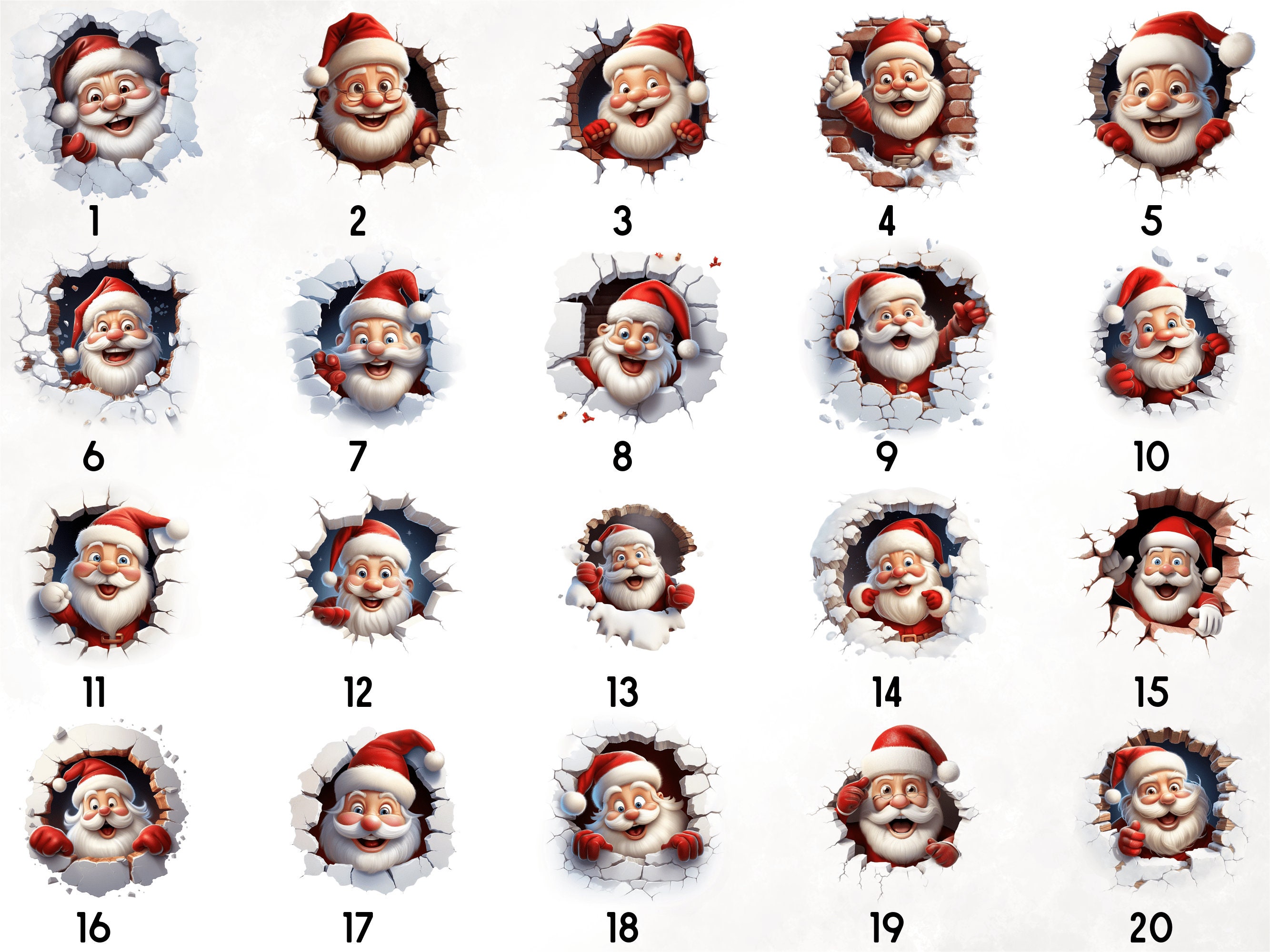 Funny 3D Santa Peeking Christmas Break Clipart, Watercolor Xmas Crack ...