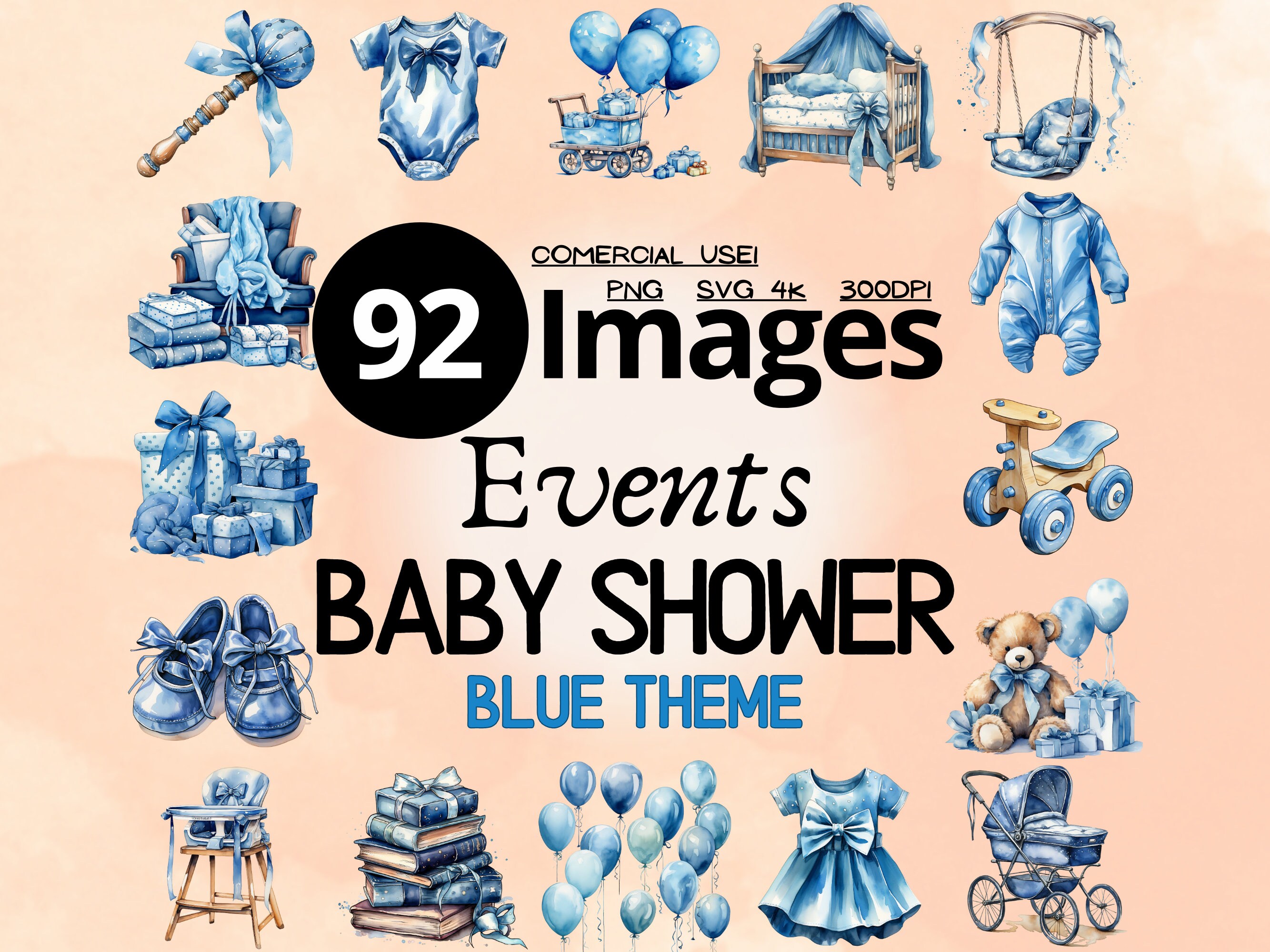 Baby Shower Clipart Bundle Boy and Girl Gift Blue Watercolor - Etsy