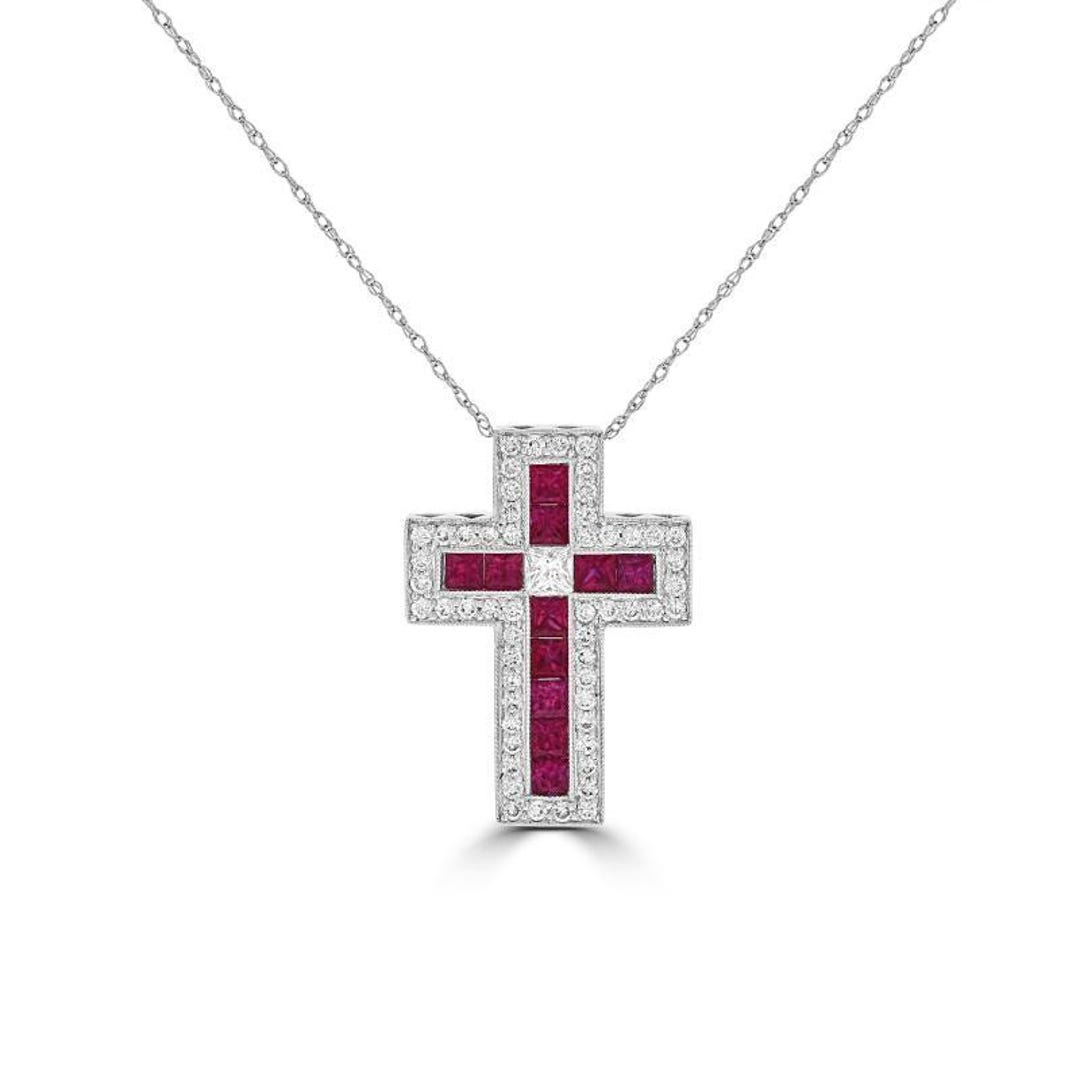Square 4ct Ruby & Diamond Cross Pendant in 14K Gold - Etsy