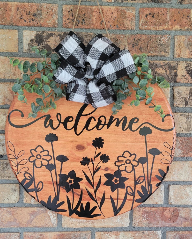 Round Welcome Door Sign, Front Porch Decor, Wooden Door Hanger, Welcome ...