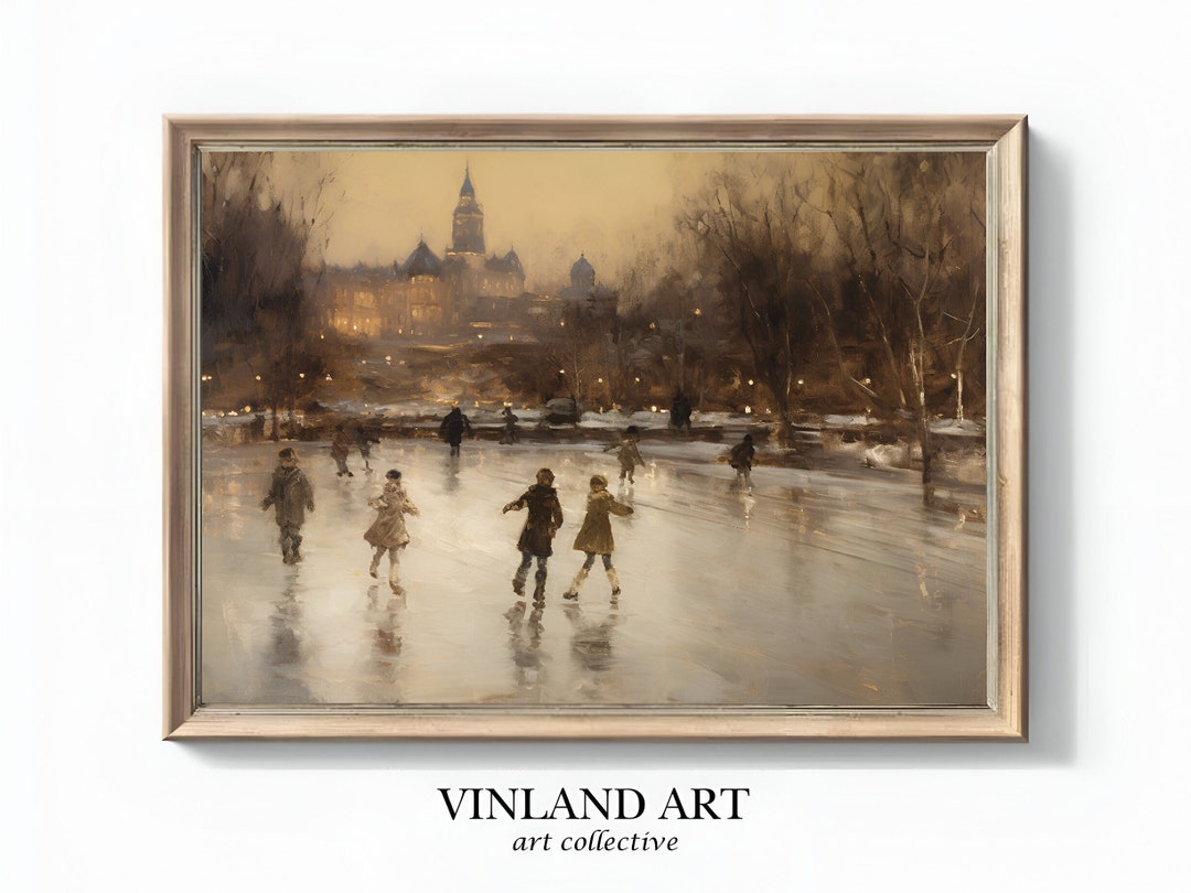 Antique Evening Ice Skating Oil Painting Vintage Landscape - Etsy