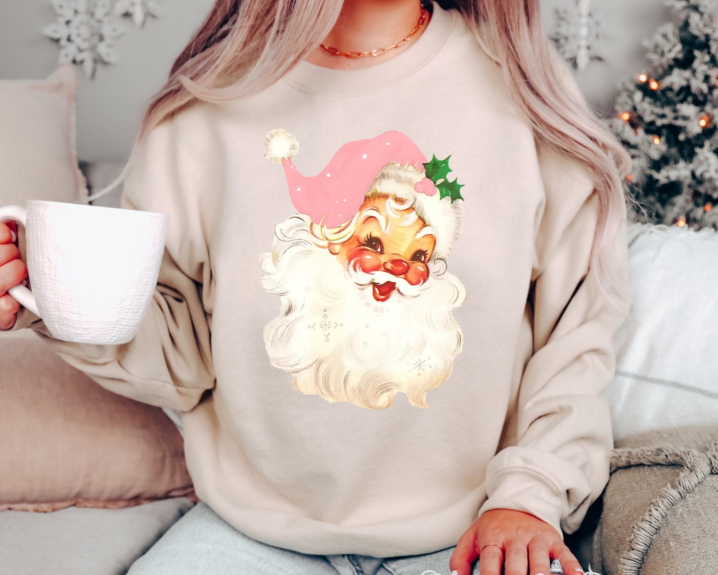 Pink Retro Santa Sweatshirt Christmas Sweatshirt Women - Etsy