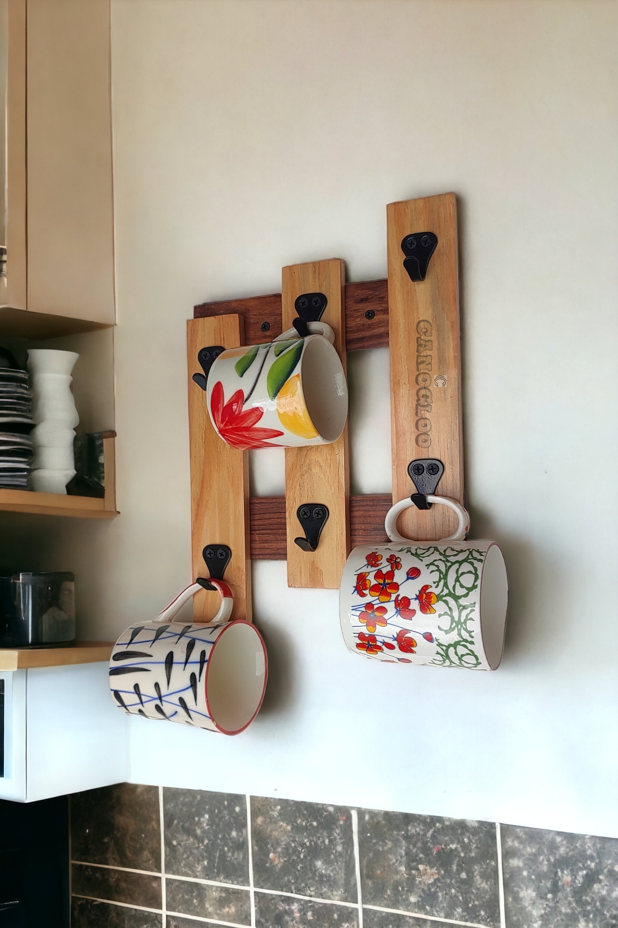 Wall Mounted Cup Organizer Coffee Mug Holder Mug Rack With 4 Hooks for ...