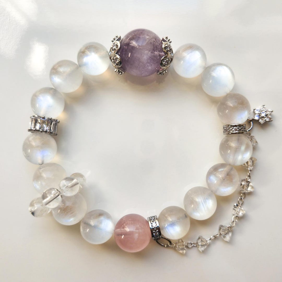 11mm Natural White Moonstone Crystal Bracelet White Blue Flash ...