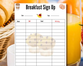 Breakfast Potluck Sign up Sheet Printable Template, Morning Celebration ...