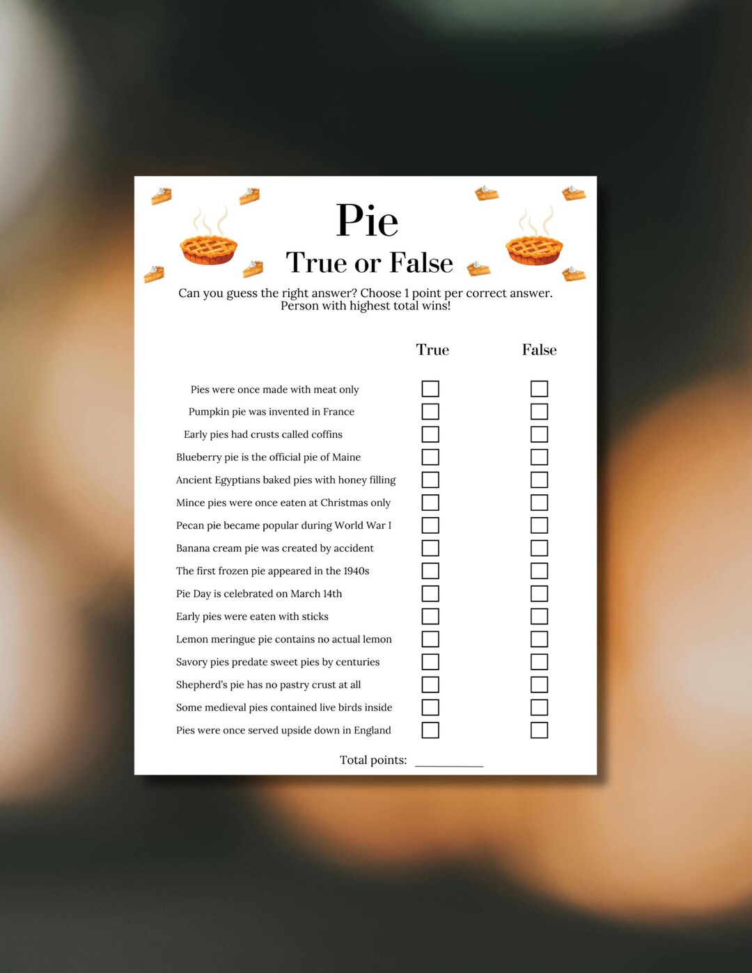 Pie Trivia Game, True or False Game, Pie Theme Game, Pie Lovers Trivia ...