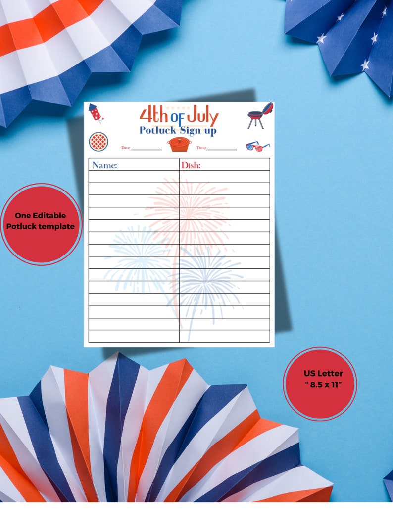 July 4th Editable Custom Potluck Sign up Sheet - Etsy
