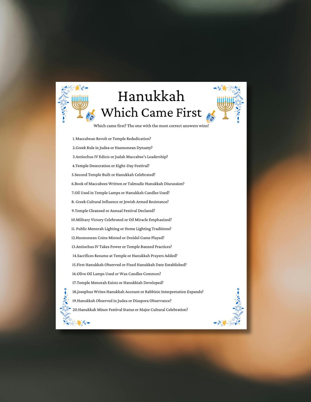 Hanukkah Traditions Which Came First Game, Hanukkah History Trivia Quiz ...
