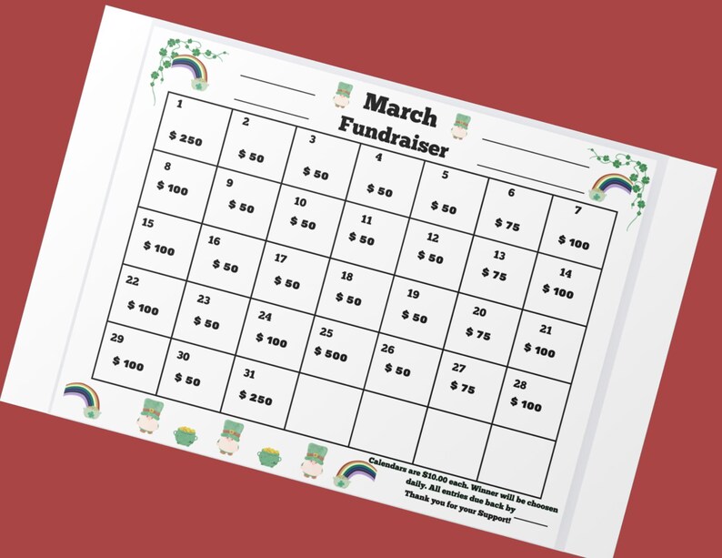 Printable March Cash Calendar Raffle: Sports & Dance Fundraiser (PDF ...