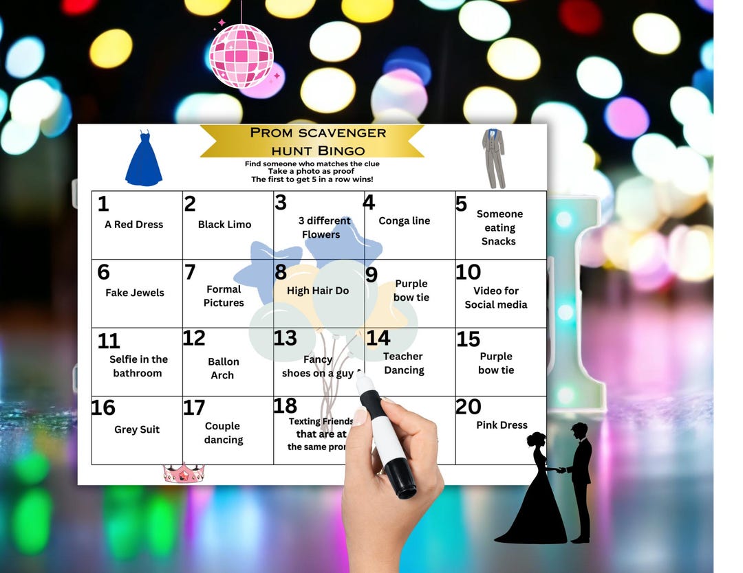 Prom Scavenger Hunt Bingo Game: High School Printable (PDF), Prom ...