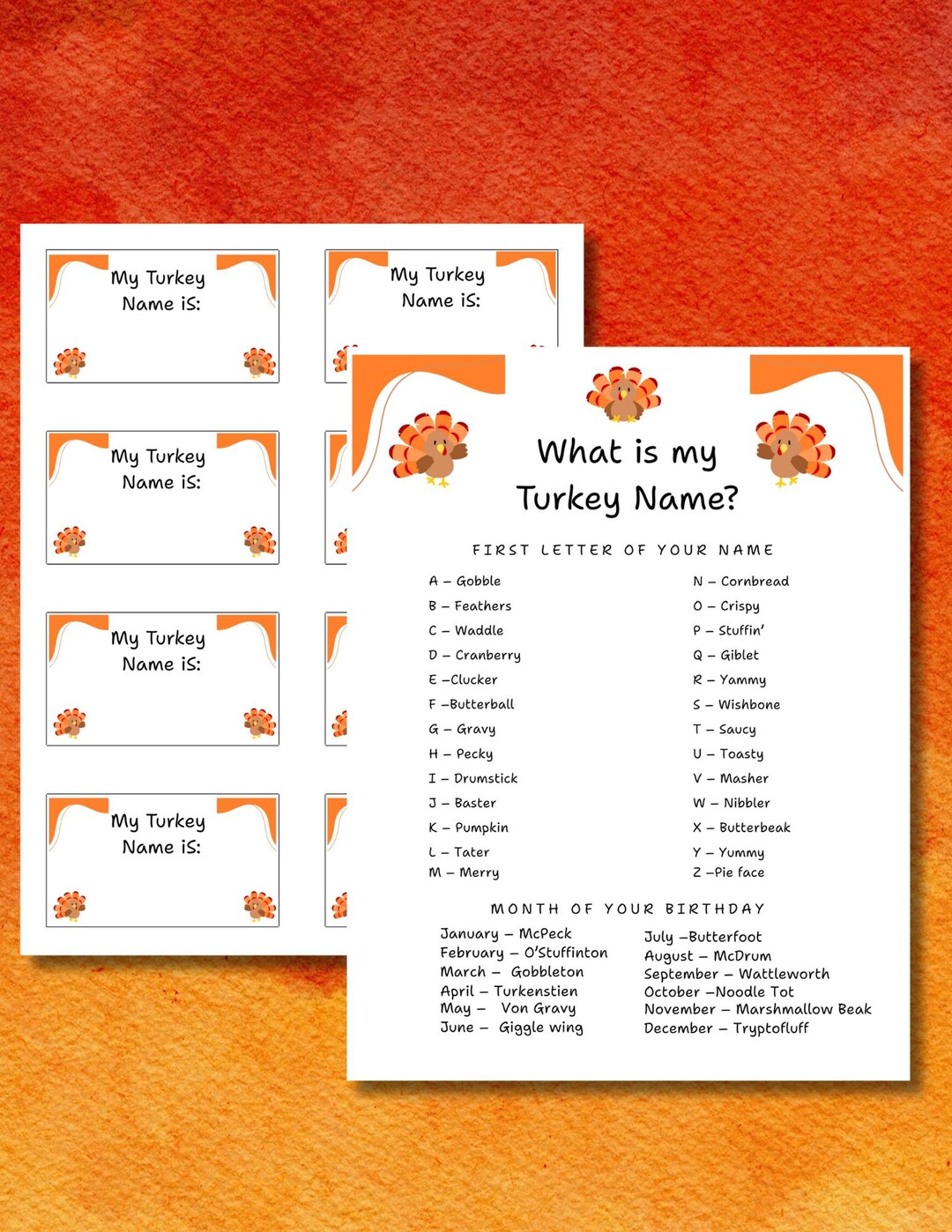Turkey Name Game: Printable Party Activity (PDF Download), Turkey Games ...