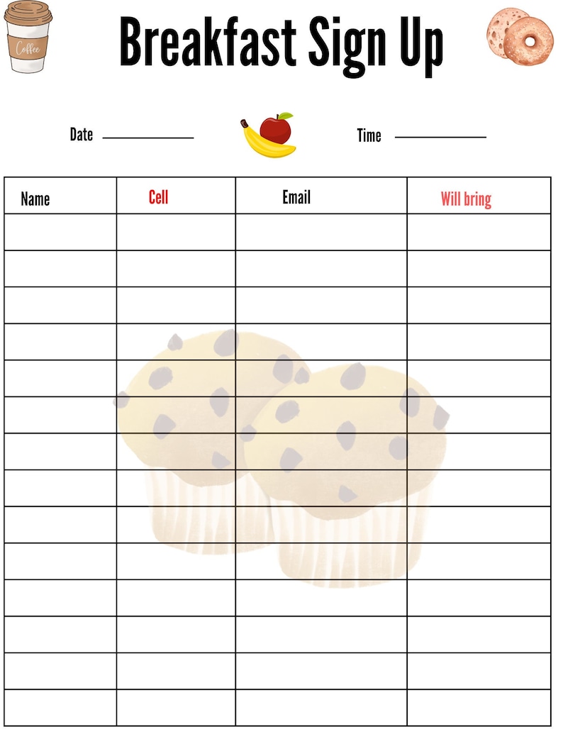 Breakfast Potluck Sign up Sheet: Print and Go - Etsy UK