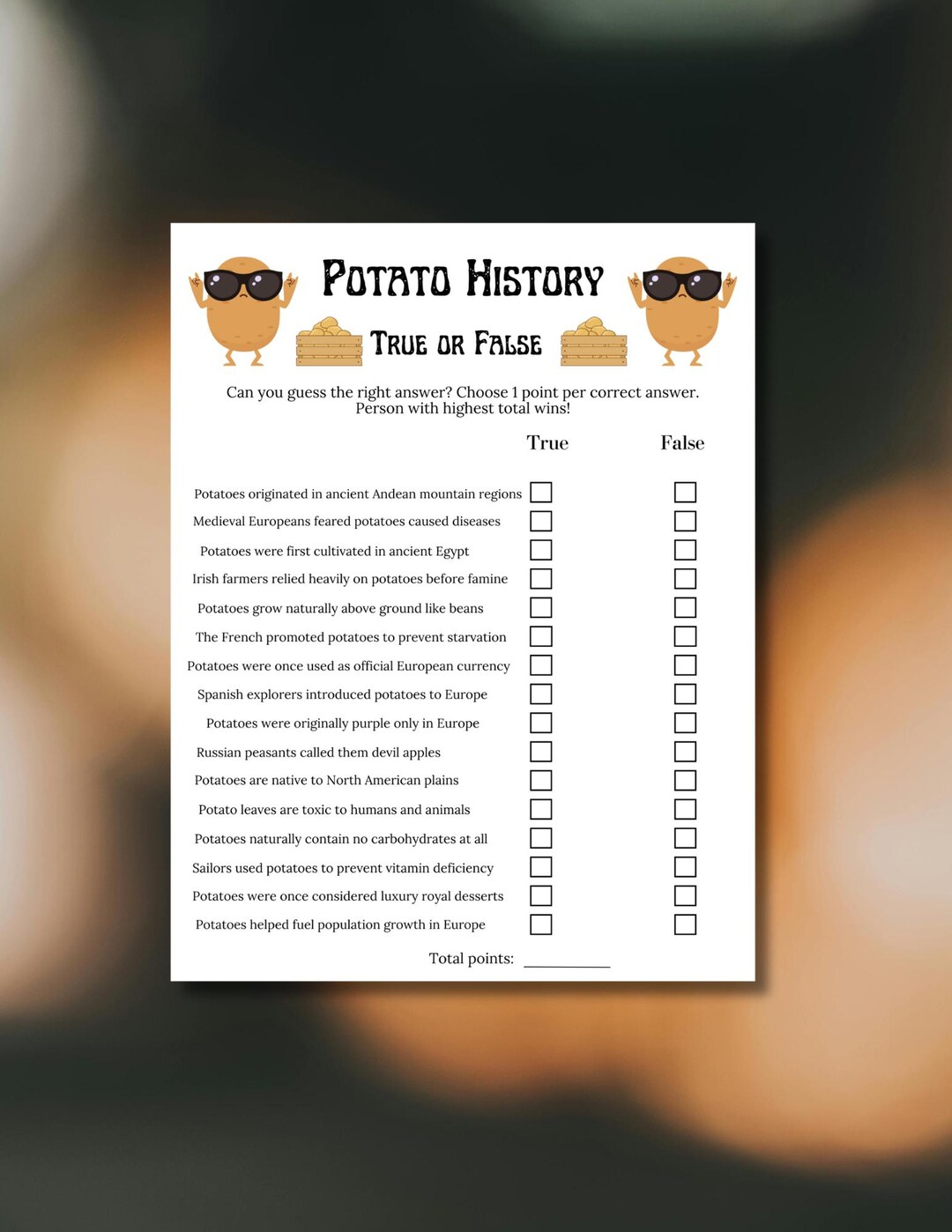 Potato True or False Trivia, Potato History Quiz, Potato Day, Office ...