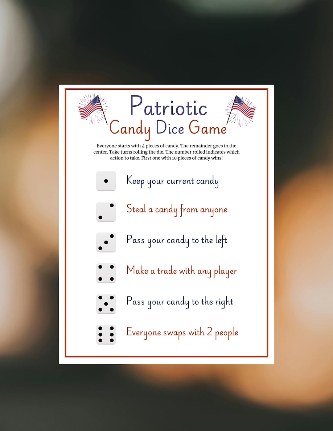 Patriotic Candy Swap Dice Game, Printable Party Game, Instant Download ...