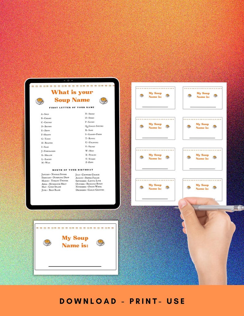 Soup Name Game,soup Name Game Printable, Fun Soup-themed Party Activity ...