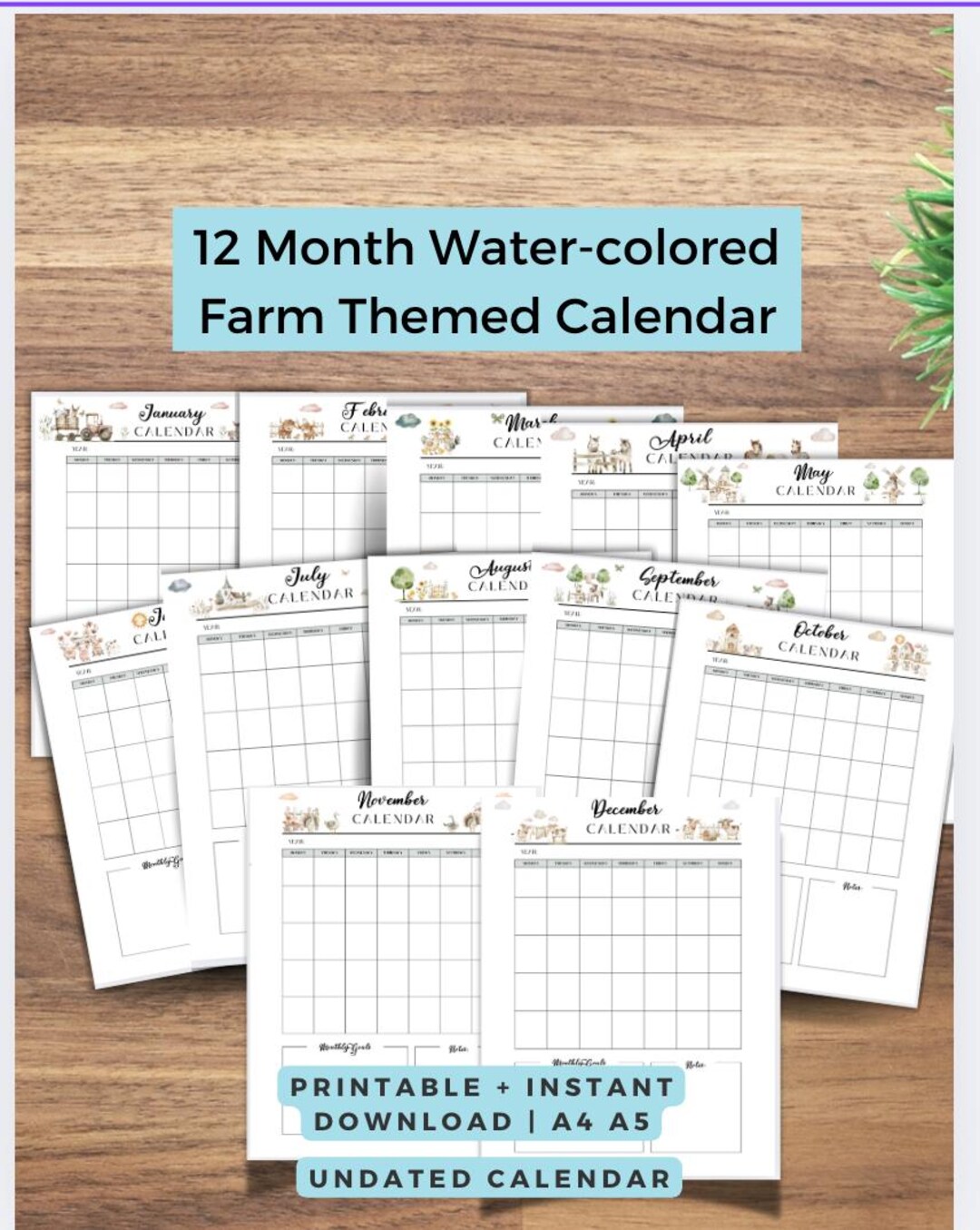 Blank Calendar Template, Farm Themed, Calendar Planner Sheet,watercolor ...