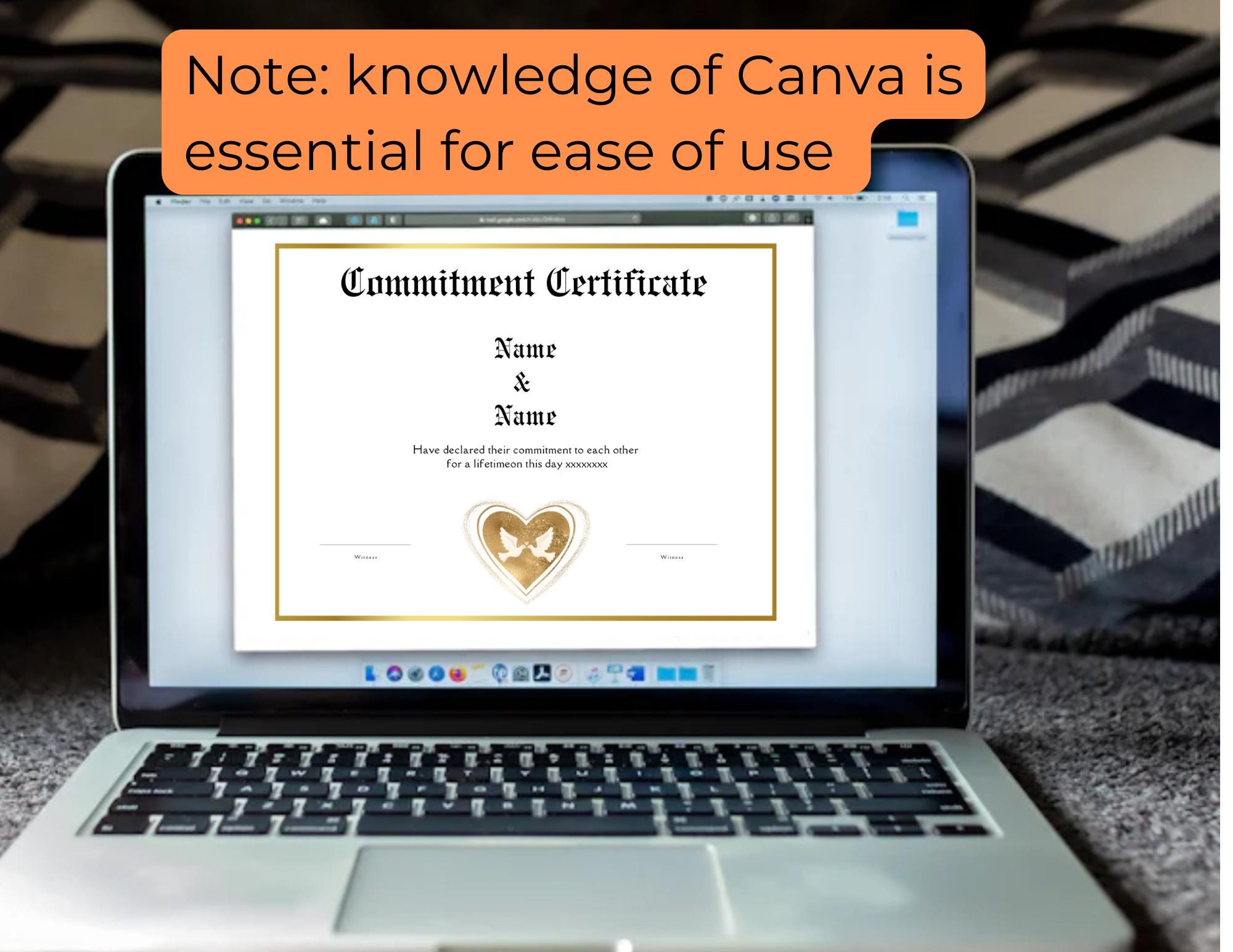 Commitment Vow Certificate - Gold Heart & Dove Design,editable and ...